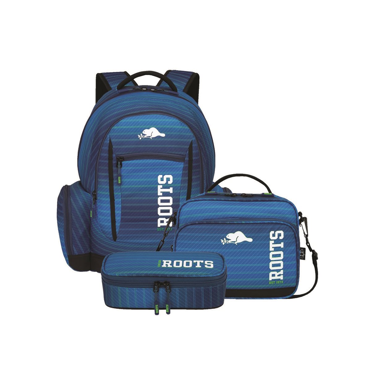 Ensemble sac à dos, boîte à lunch et étui Roots – bleu ligné – Copie extra